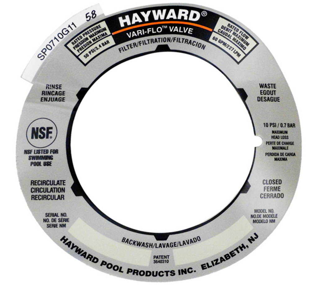 Hayward SPX0710G Sand Filter Valve Replacement Label Plate Sticker ...
